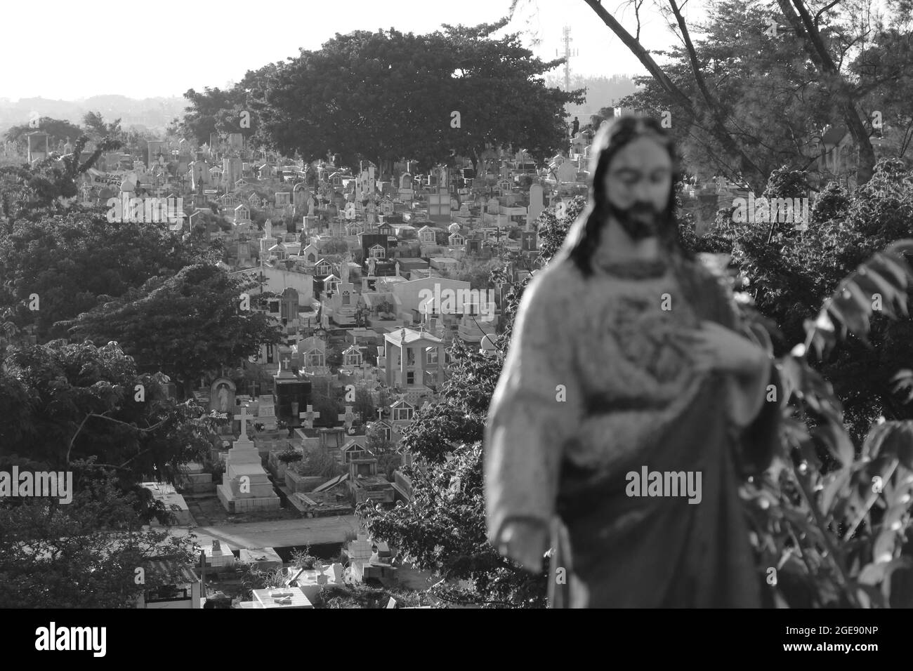 Greyscale shot of a Jesus statue and a cemetery in the background Stock ...
