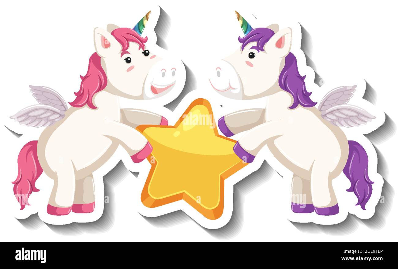 Two cute unicorns holding star together cartoon sticker illustration ...