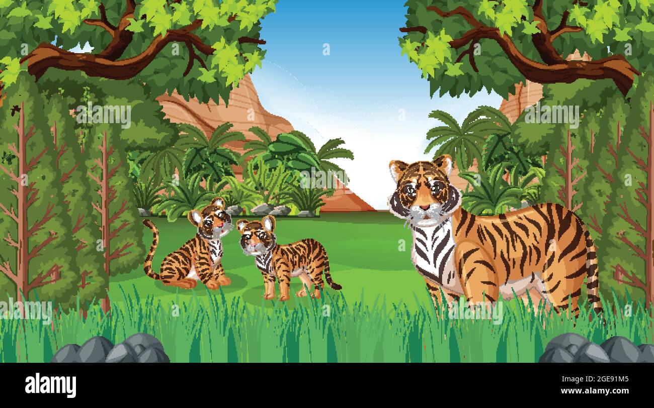 Forest or rainforest scene with tiger family illustration Stock Vector ...