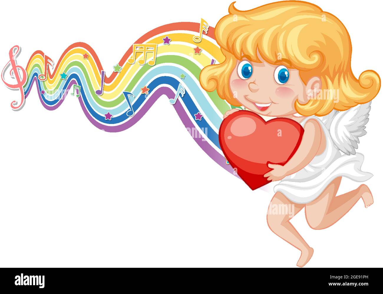 Cupid girl holding heart with melody symbols on rainbow wave ...