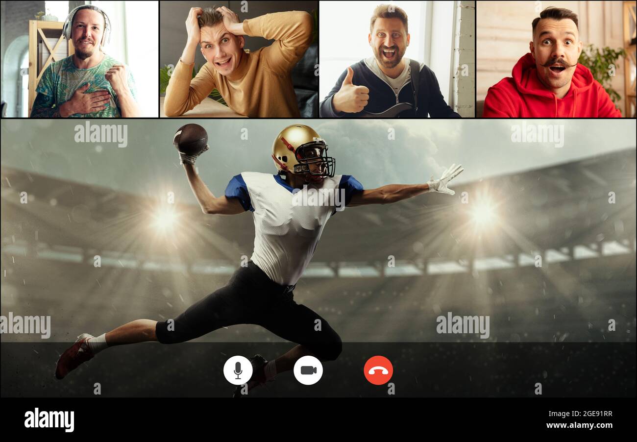 Four young people watching american football online, using video app ...