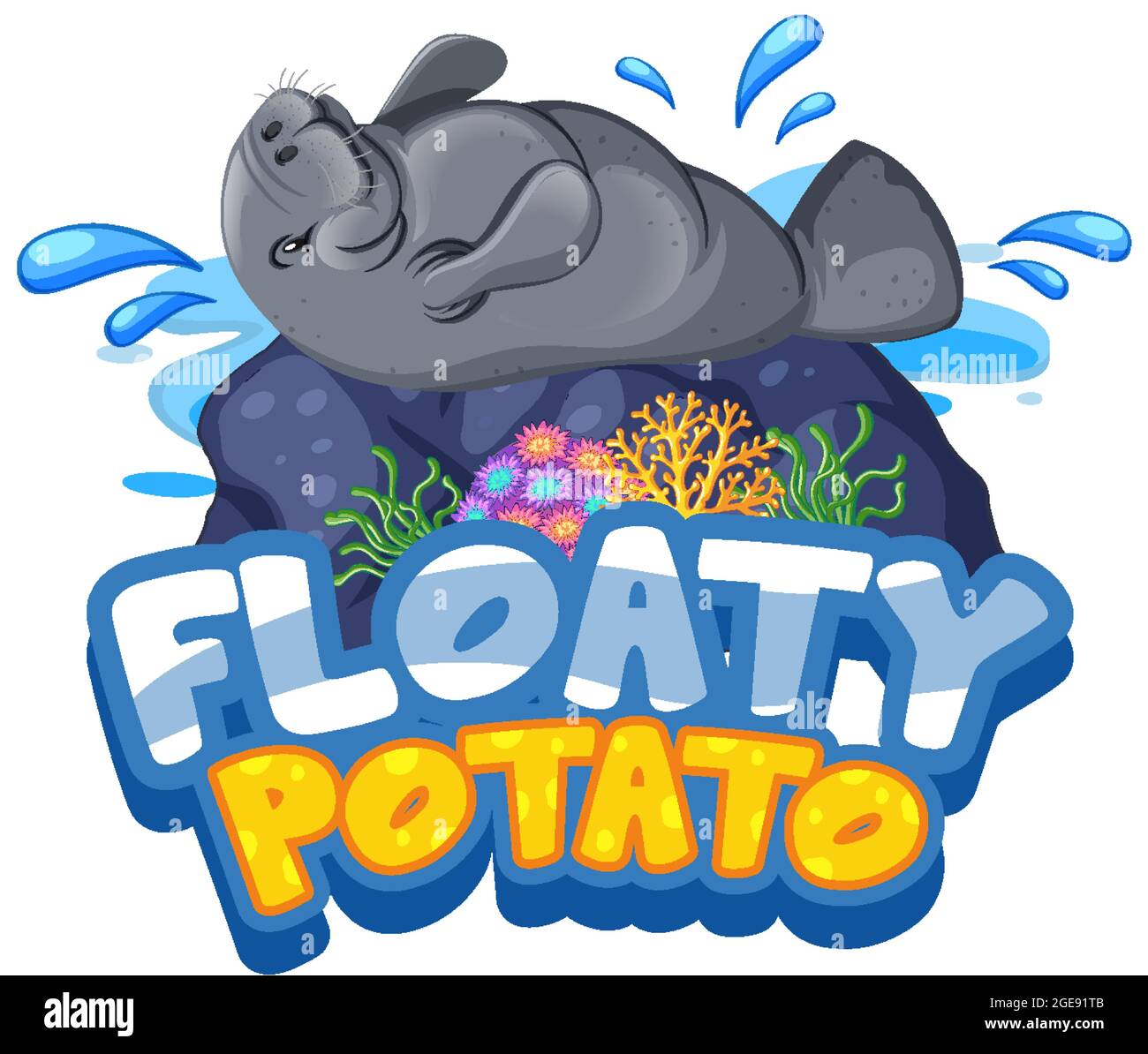 Manatee cartoon character with Floaty Potato font banner isolated ...