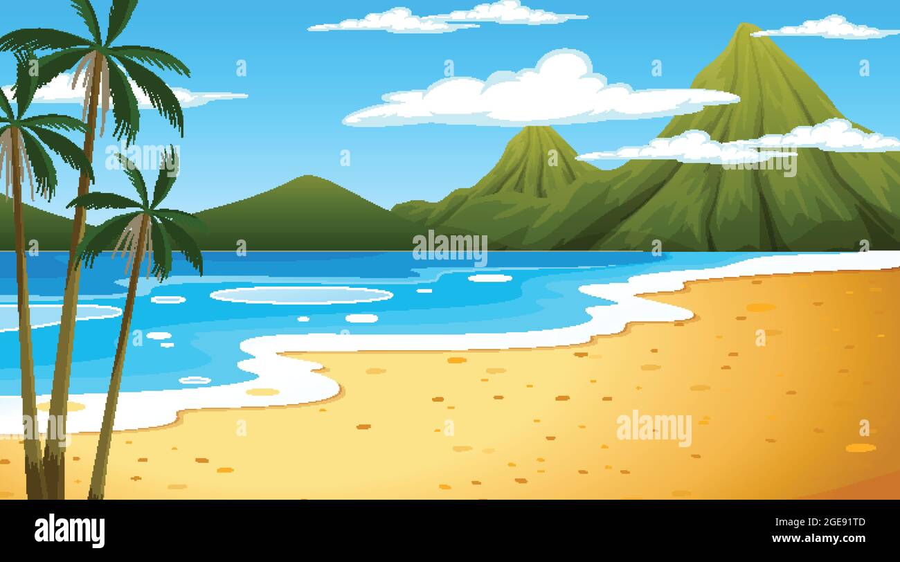 Beach at daytime landscape scene with mountain background illustration ...