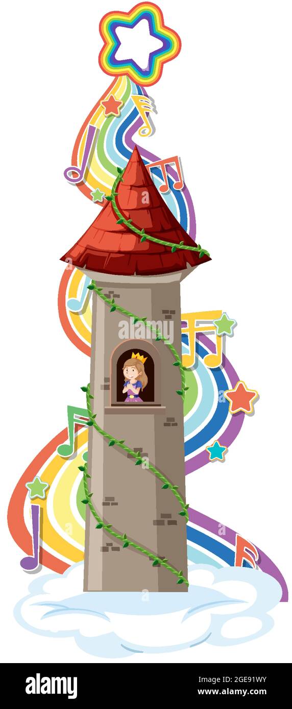 Princess in tower with rainbow wave on white background illustration ...