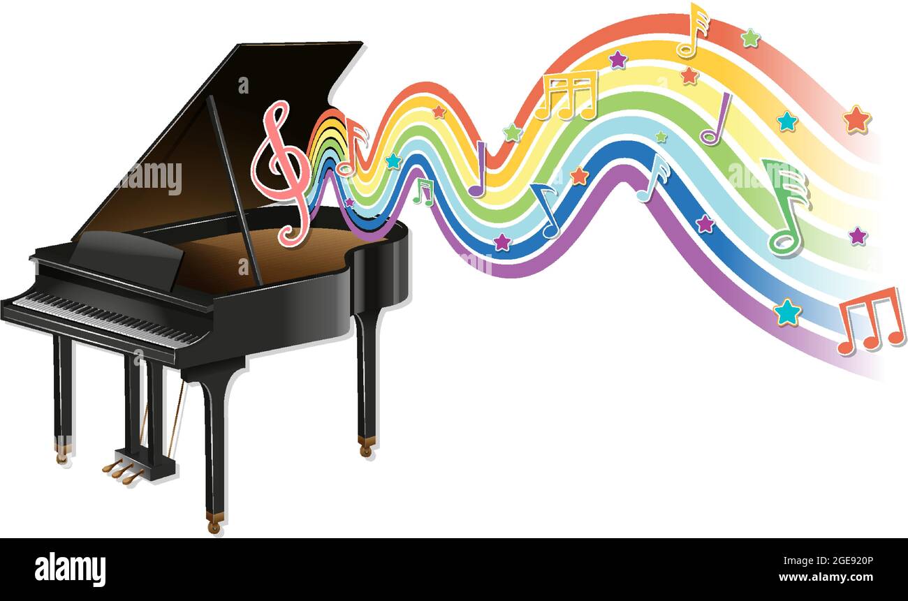 Piano with melody symbols on rainbow wave illustration Stock Vector ...