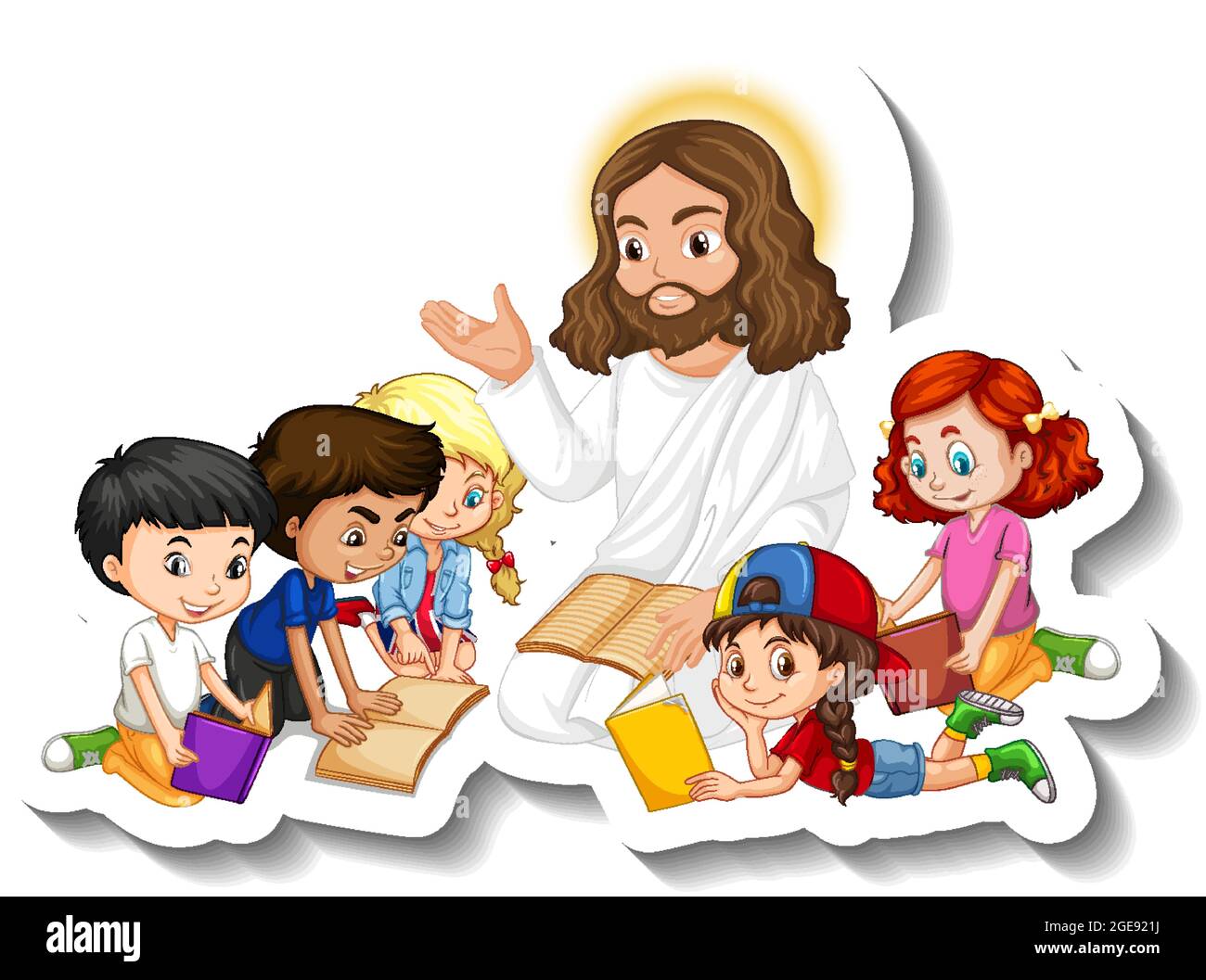 Jesus Christ with children group sticker on white background ...