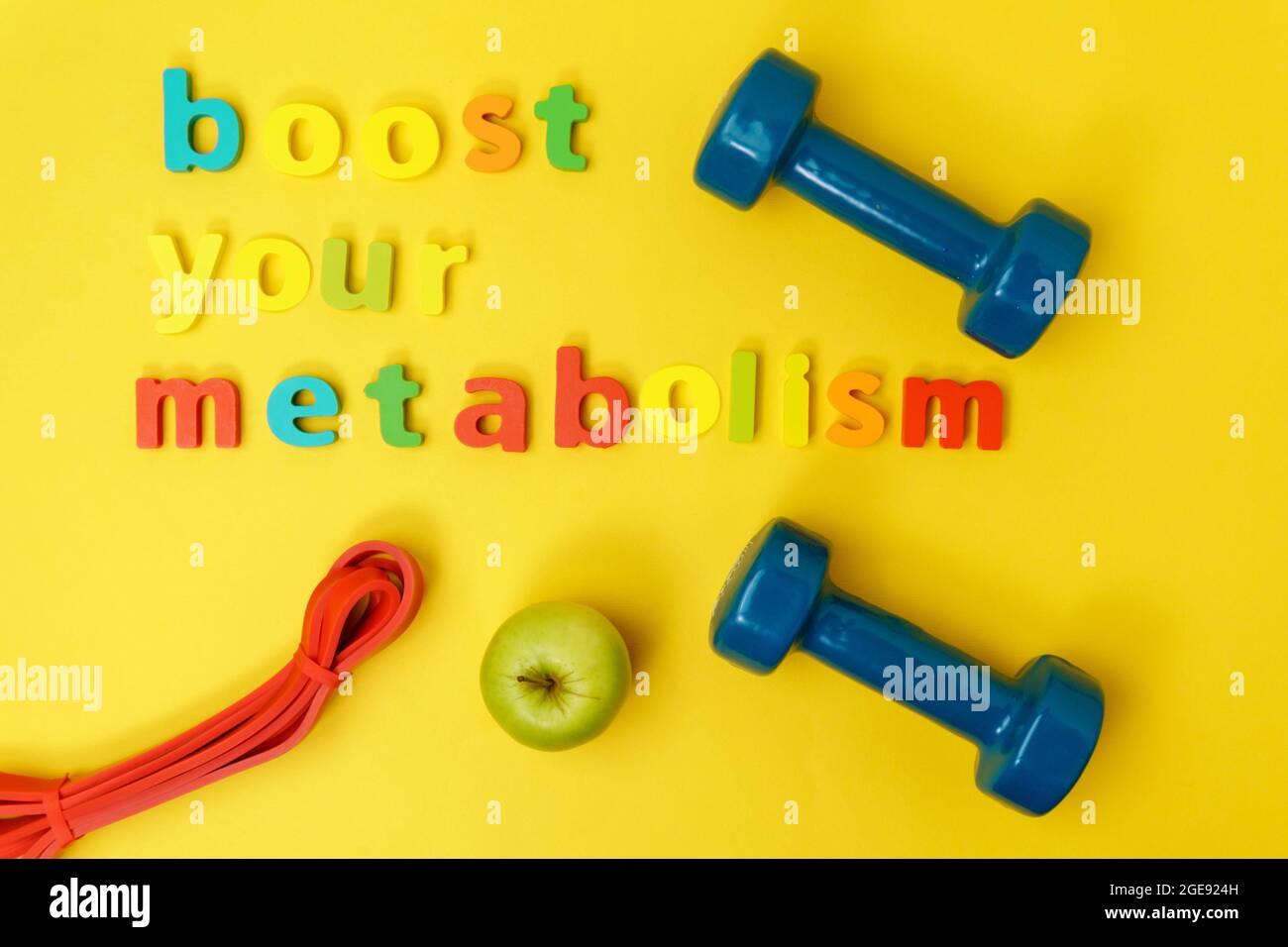 Boost your metabolism health concept. Top view yellow background ...