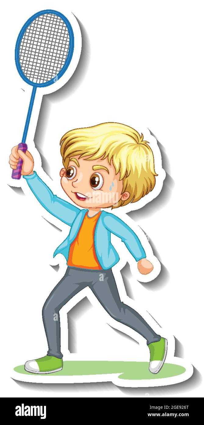 Cartoon character sticker with a boy playing badminton illustration ...