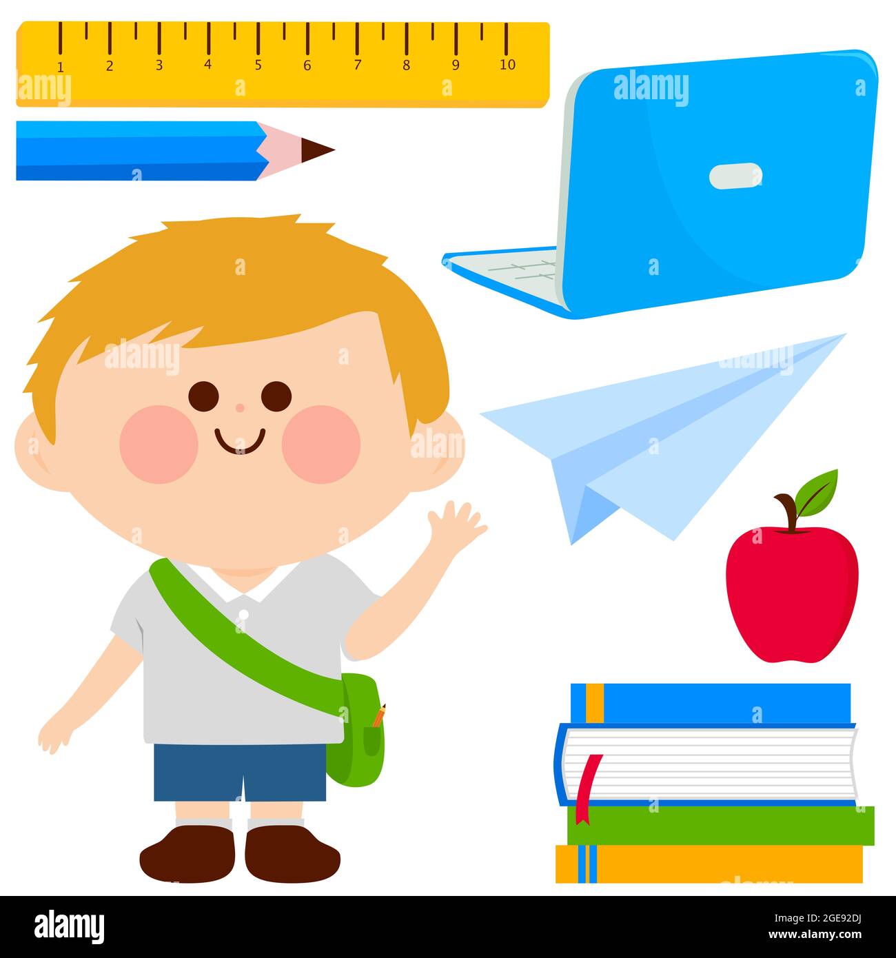 Student boy and set of school objects. Illustration collection Stock ...