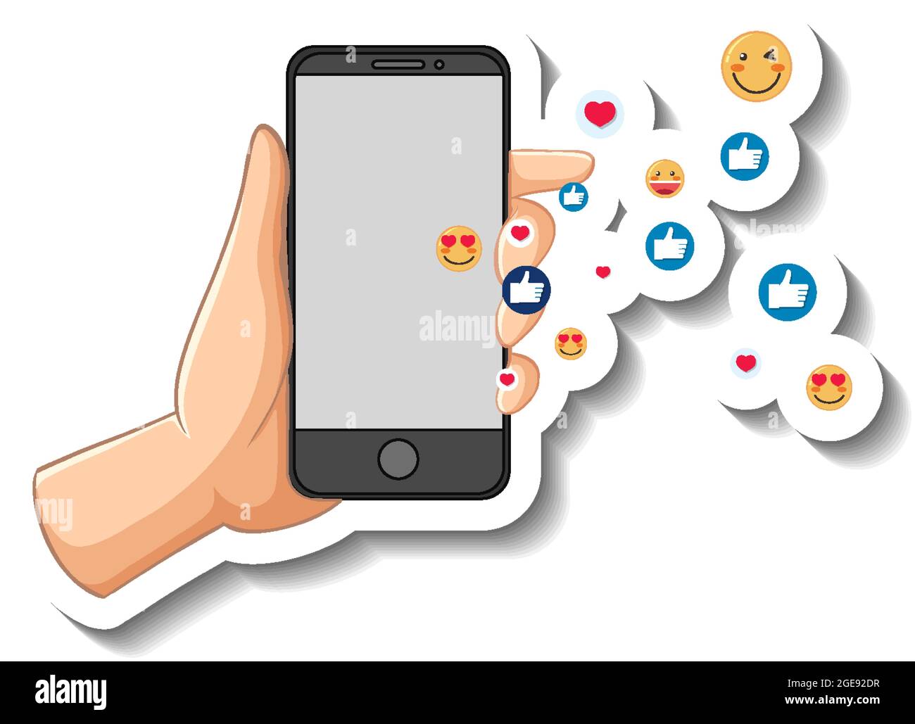 A sticker template of hand holding smart phone with social emoji icon ...