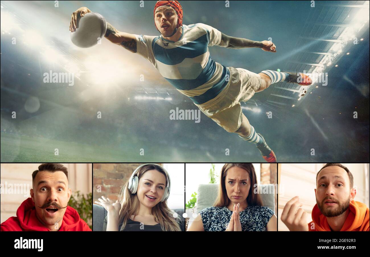 Young men and women watching rugby football game online, using video ...