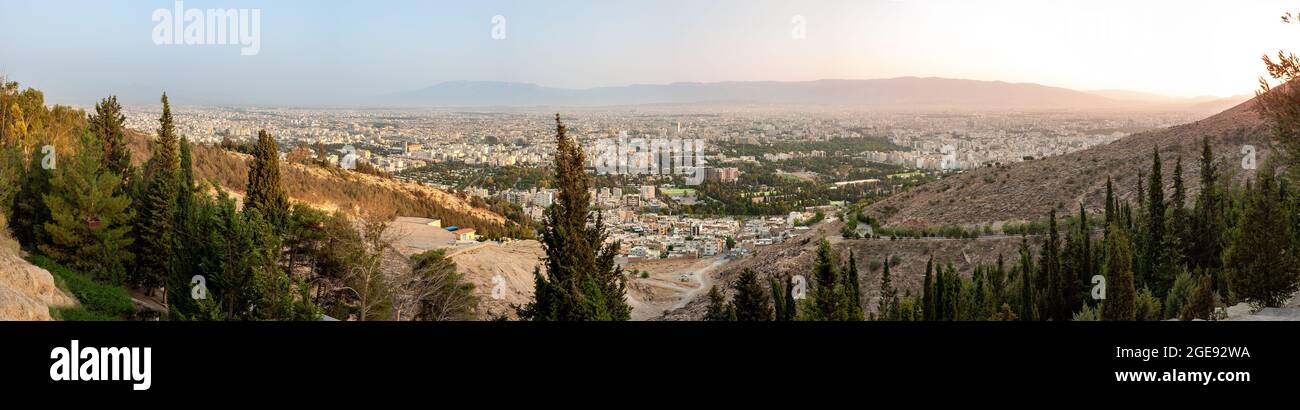 panorama View of Shiraz from the surrounding hills in summer time with ...