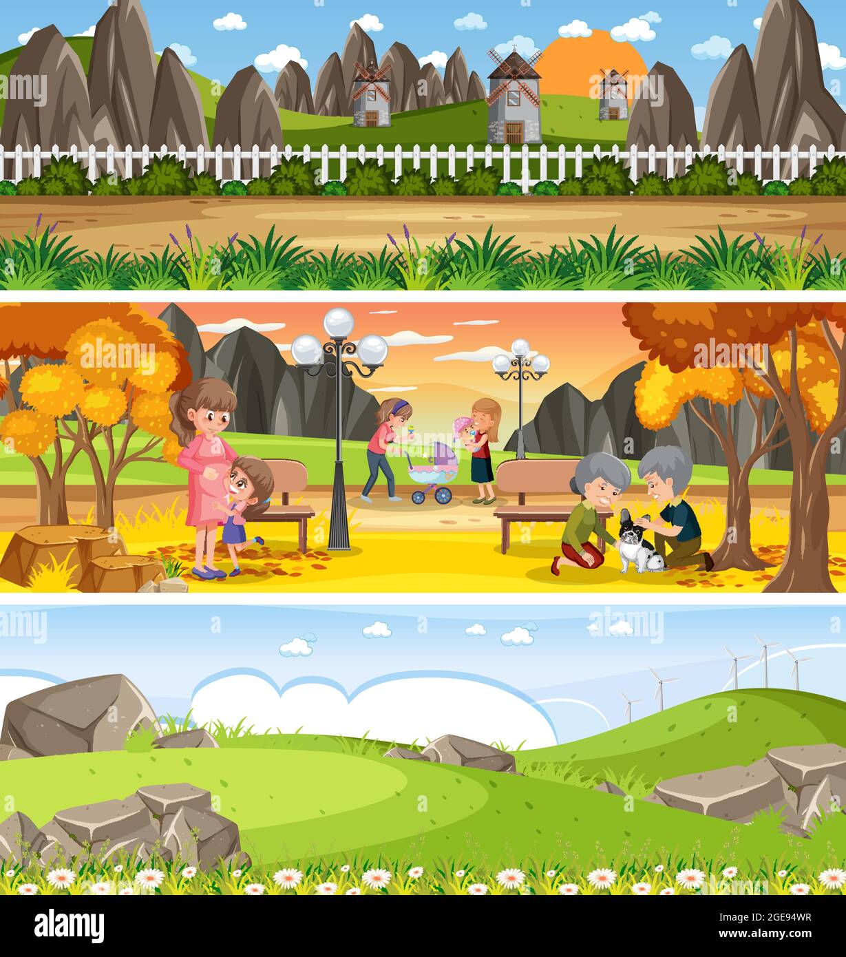Set of different panoramic nature landscape with cartoon character ...