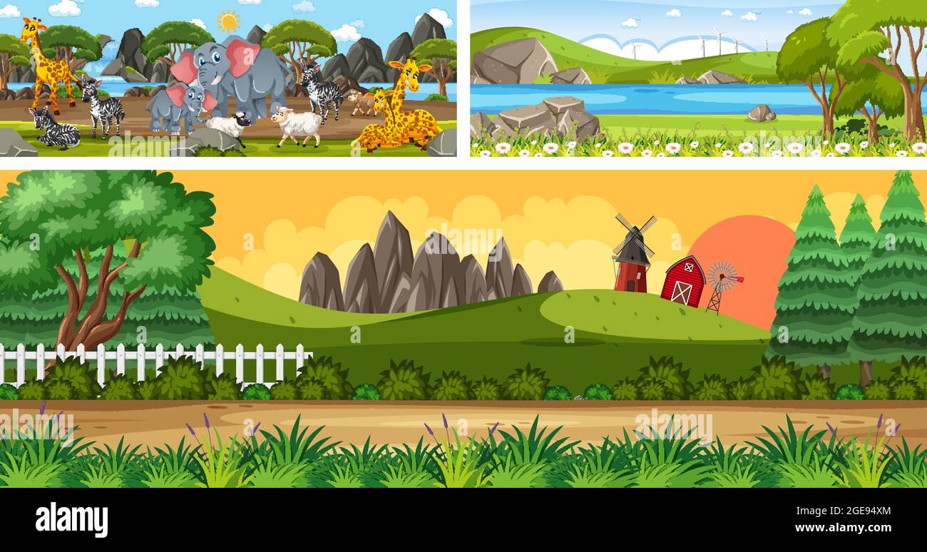 Set of outdoor panoramic landscape with cartoon character illustration ...