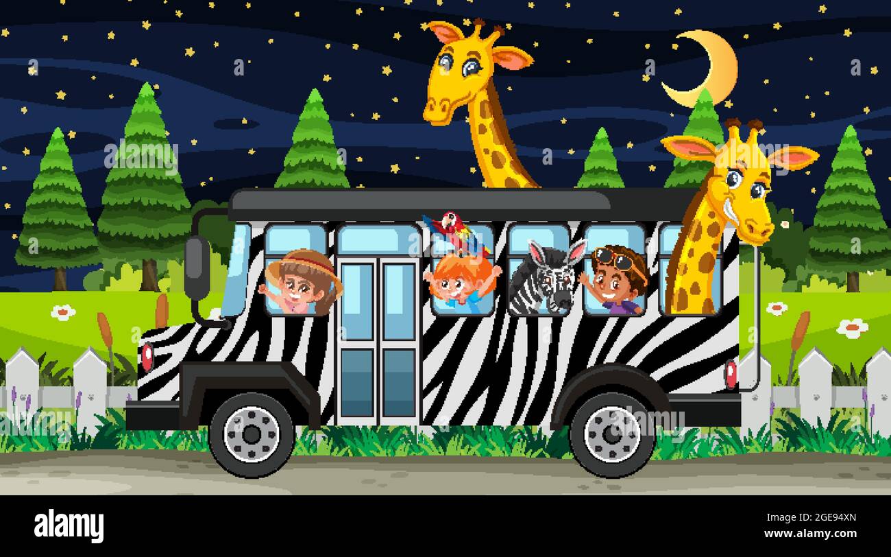 Safari at night scene with children and animals on the bus illustration ...