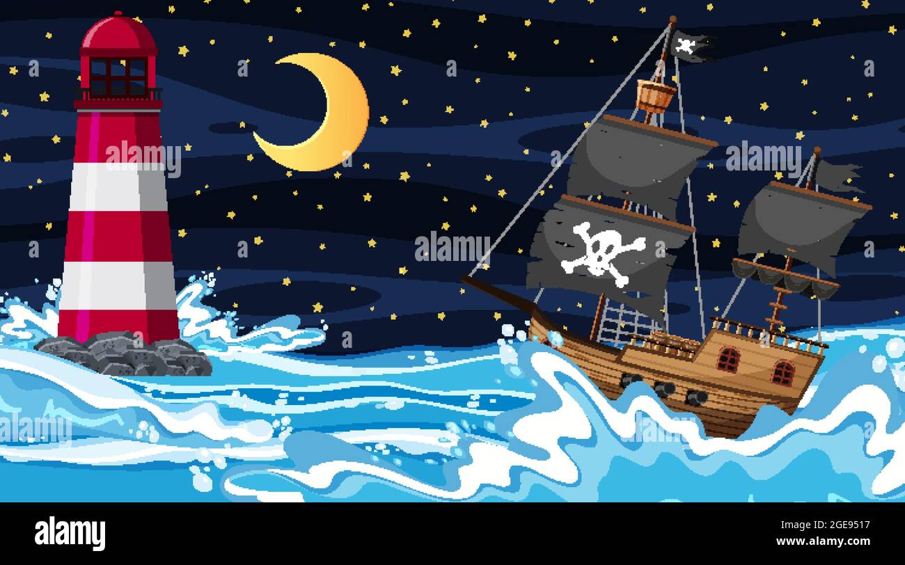 Ocean with Pirate ship at night scene in cartoon style illustration ...