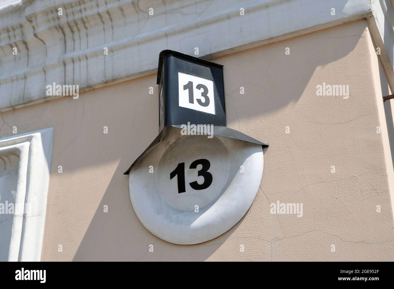 House number thirteen (13) on the wall in Moscow, Russian Federation ...