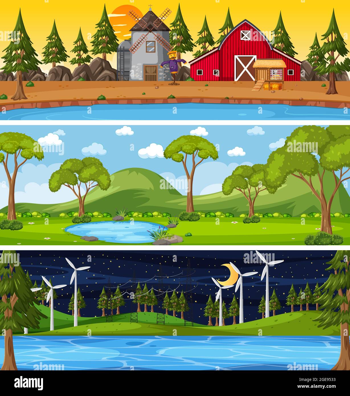 Set of three different nature horizontal scenes illustration Stock ...
