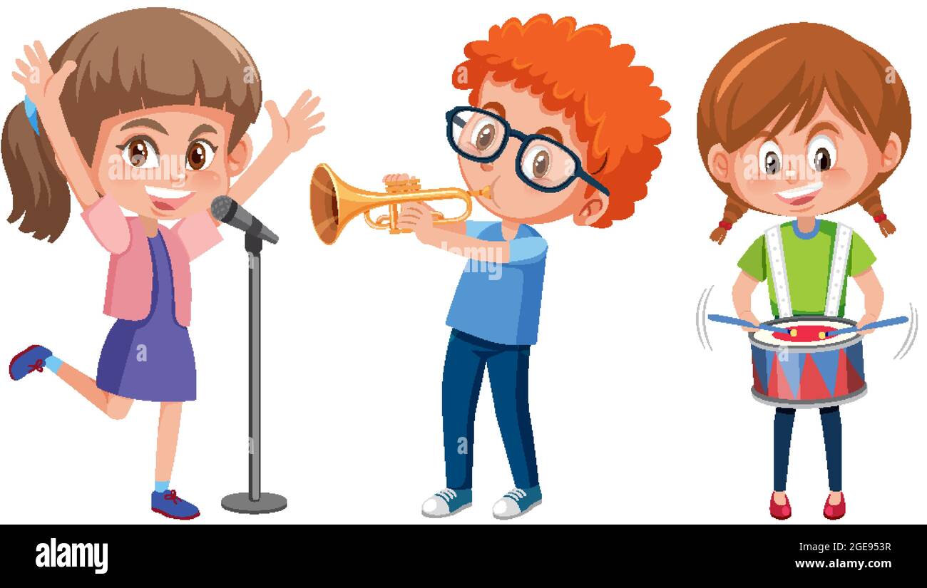 Set of different kids playing musical instruments illustration Stock ...