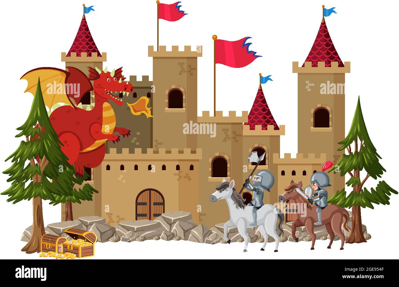 Knights fight with dragon at the castle illustration Stock Vector Image ...