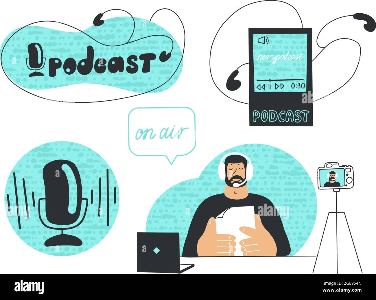 Podcast icon set doodle style. Hand drawn Vector illustration Stock ...