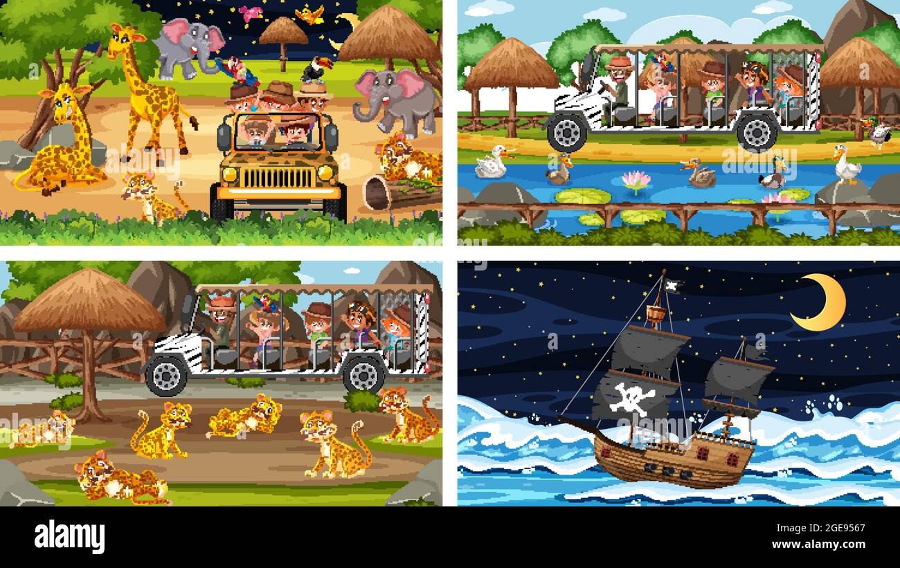 Set of different scenes with animals in the zoo and pirate ship at the ...