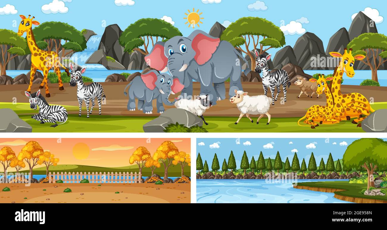 Set of different outdoor panoramic landscape scenes with cartoon ...