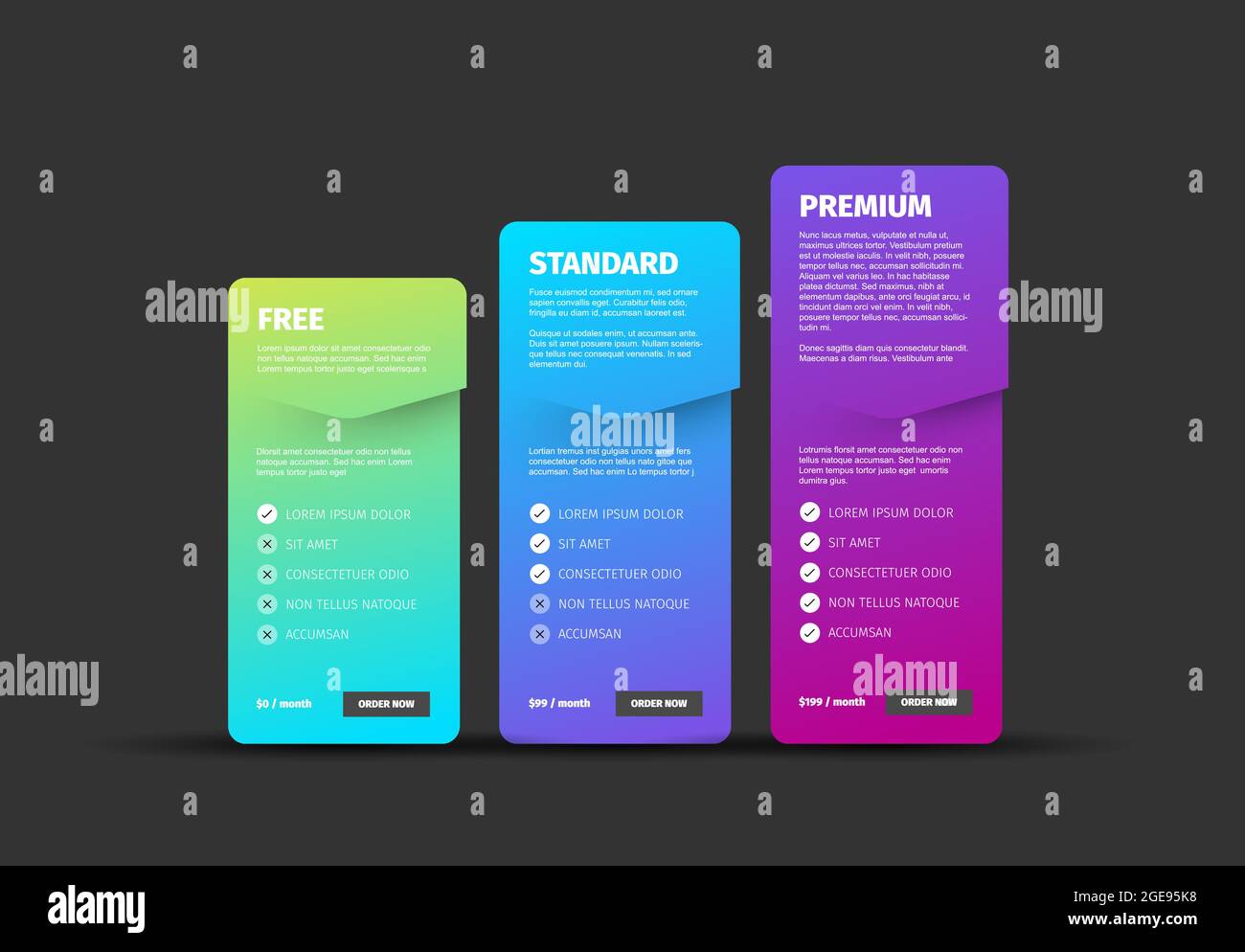 Pricing table dark modern gradient template with three options product ...