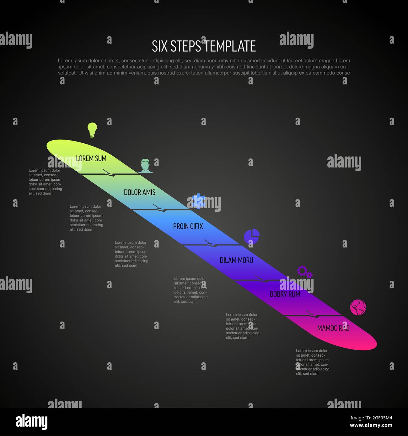 Six vector diagonal progress steps template with arrows and ...