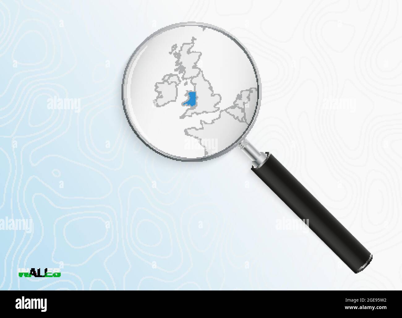 Magnifier with map of Wales on abstract topographic background. Vector ...