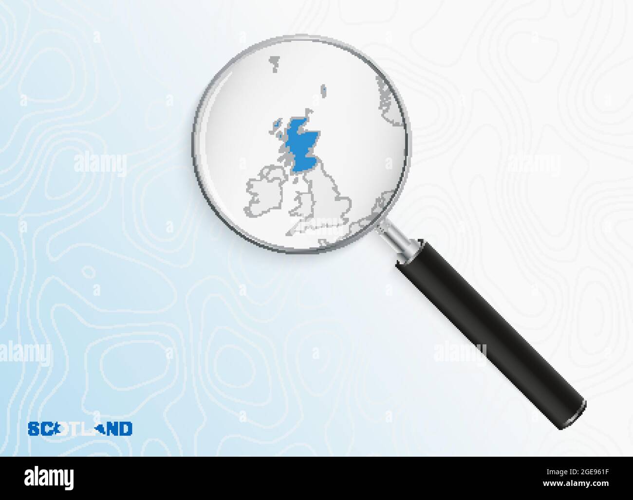 Magnifier with map of Scotland on abstract topographic background ...