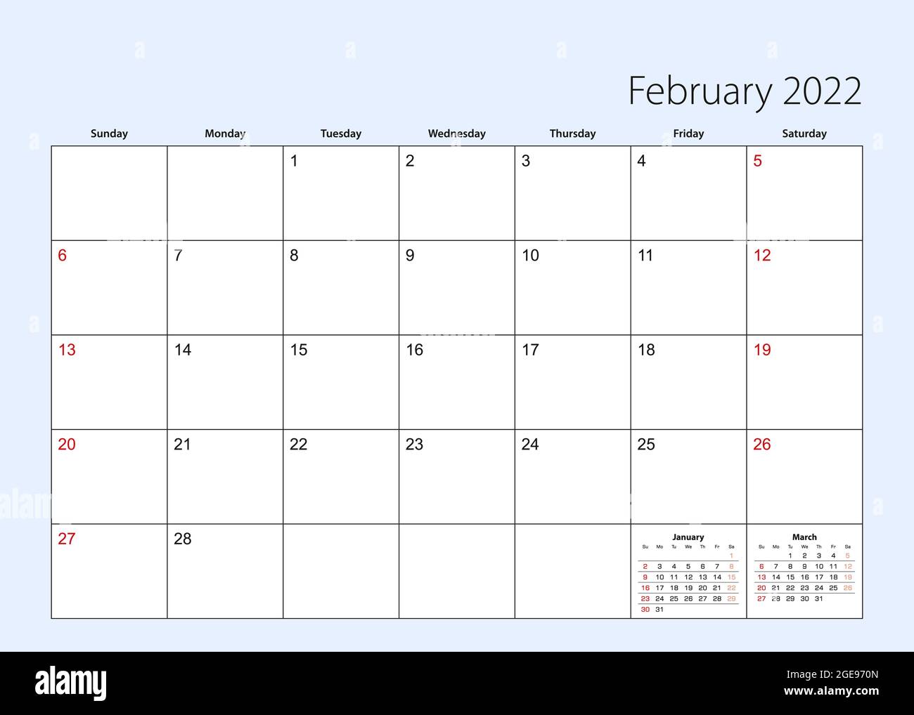 Wall calendar planner for February 2022. English language, week starts ...