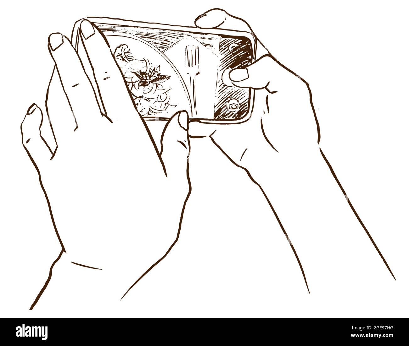 Sketch of human hands holding smartphone taking photo. Doole Vector ...