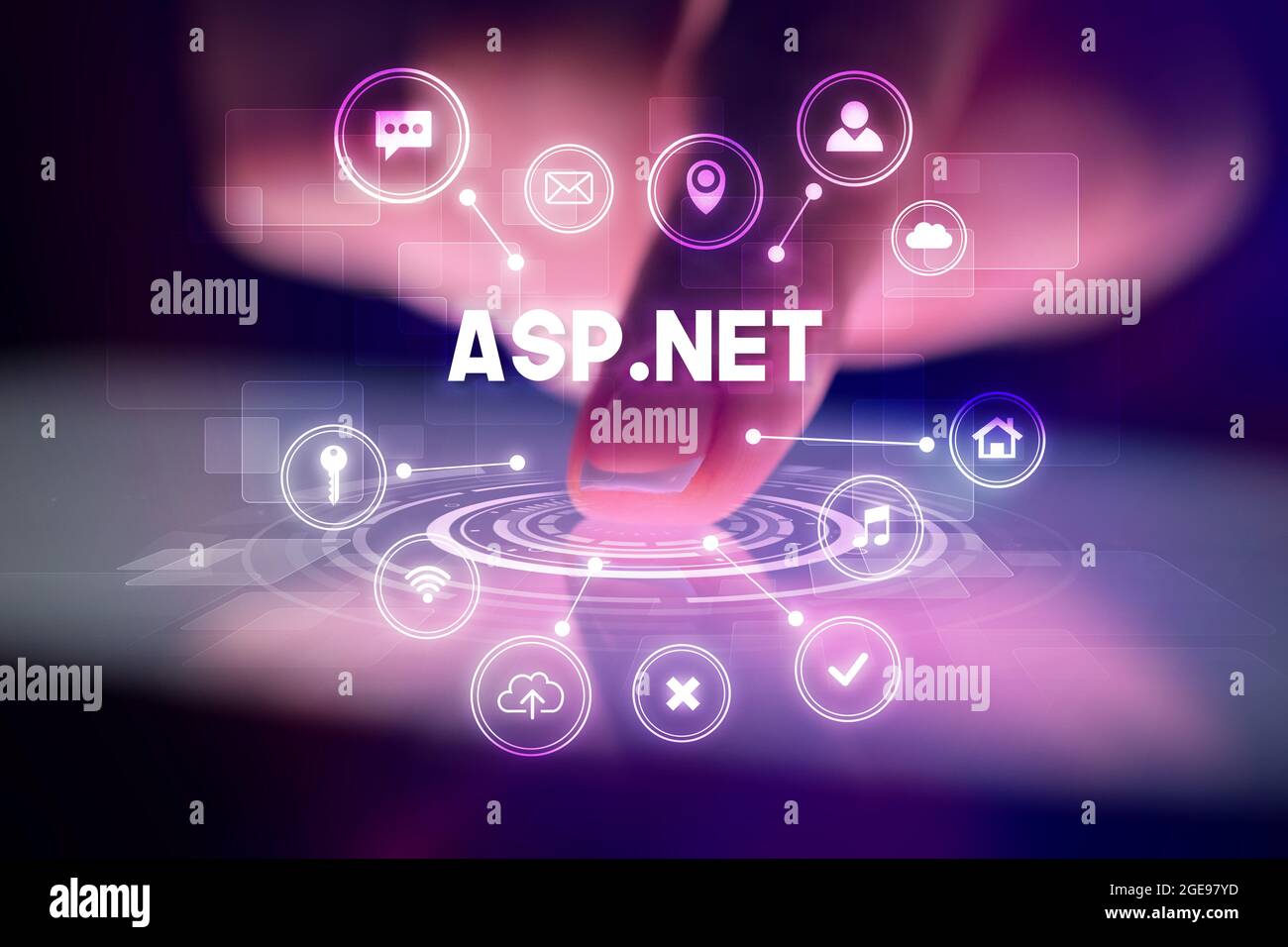 Finger touching tablet with web technology icons concept Stock Photo ...