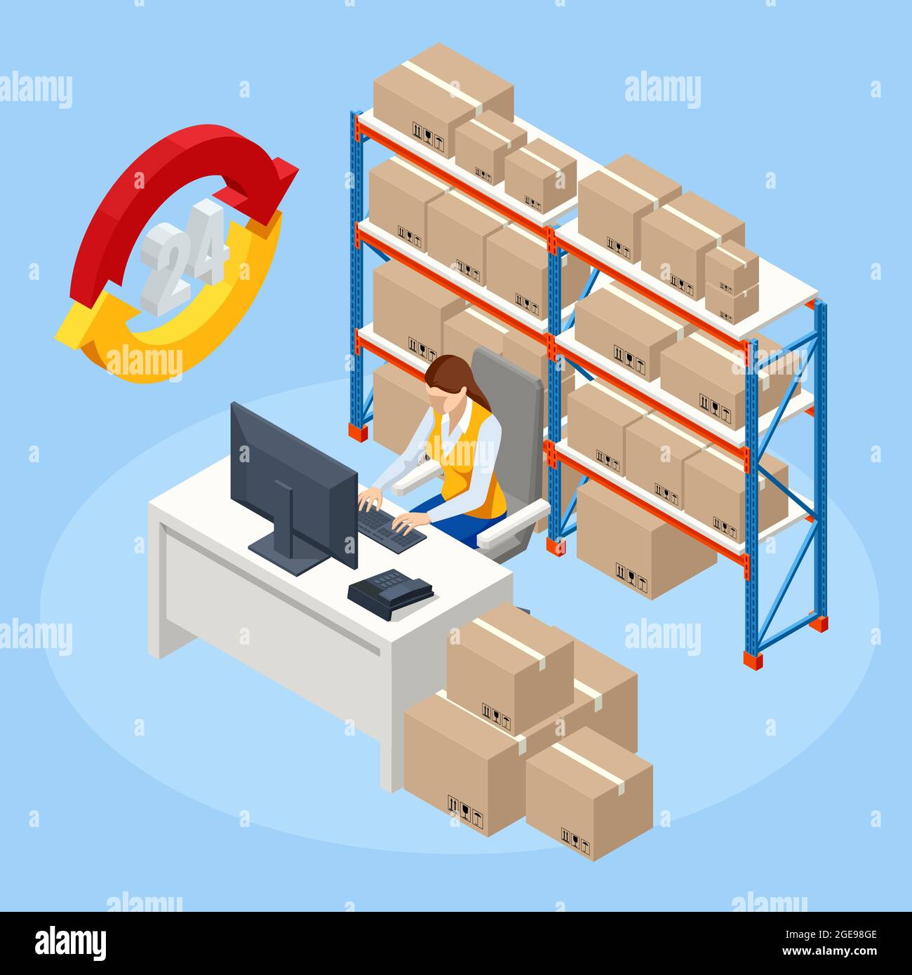 Isometric woman working at computer in on-site office of a warehouse ...