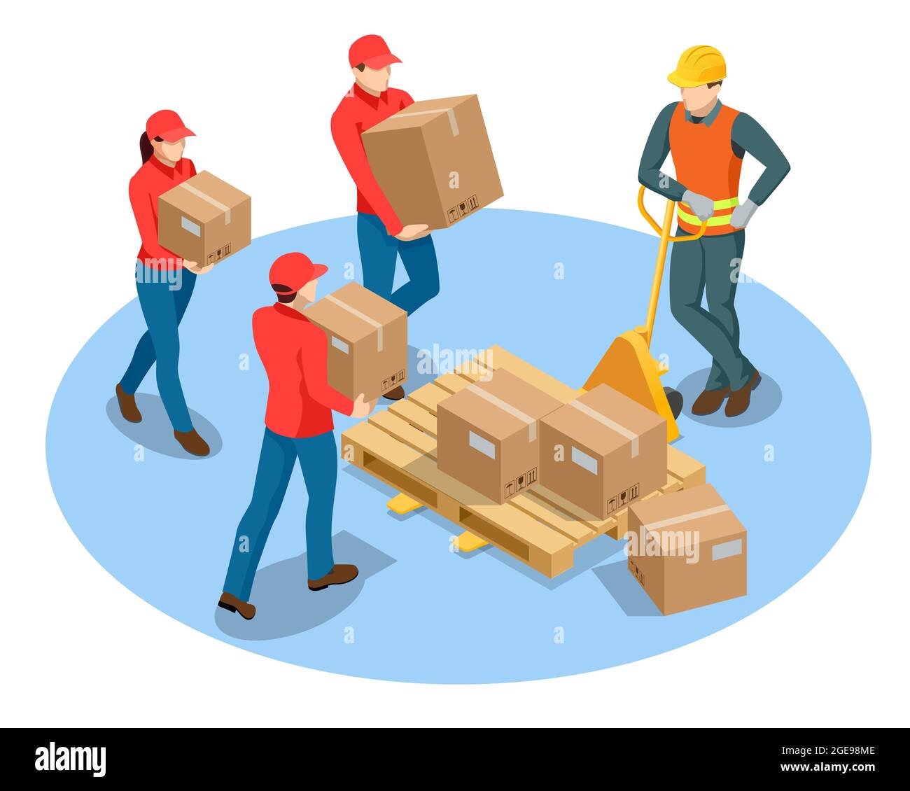 Isometric Cardboard boxes on trolley in warehouse. Man and woman ...