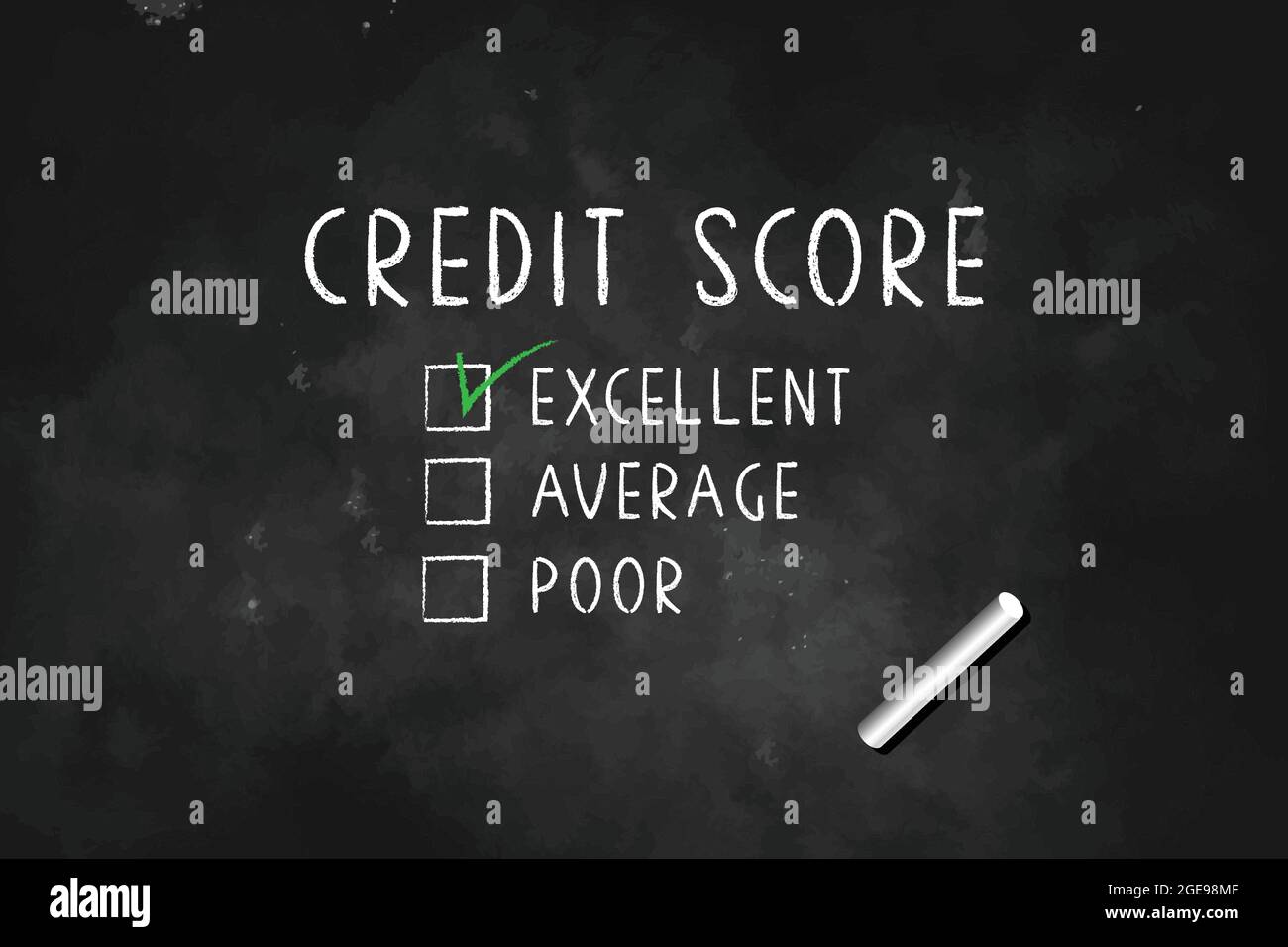 Credit Score report with excellent mark drawn with chalk on black board ...