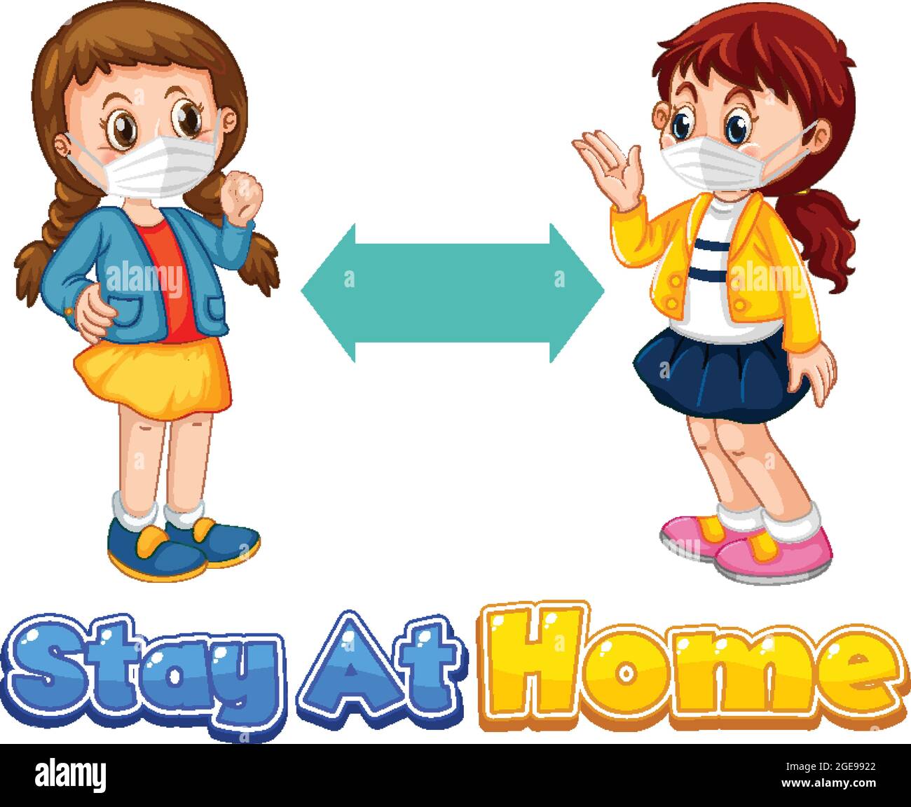 Stay At Home font in cartoon style with two children keeping social ...