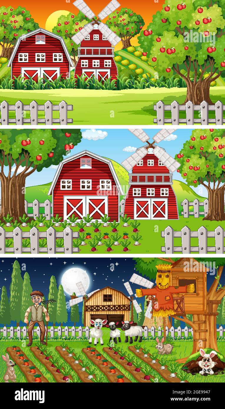 Different farm scenes with old farmer and animal cartoon character ...