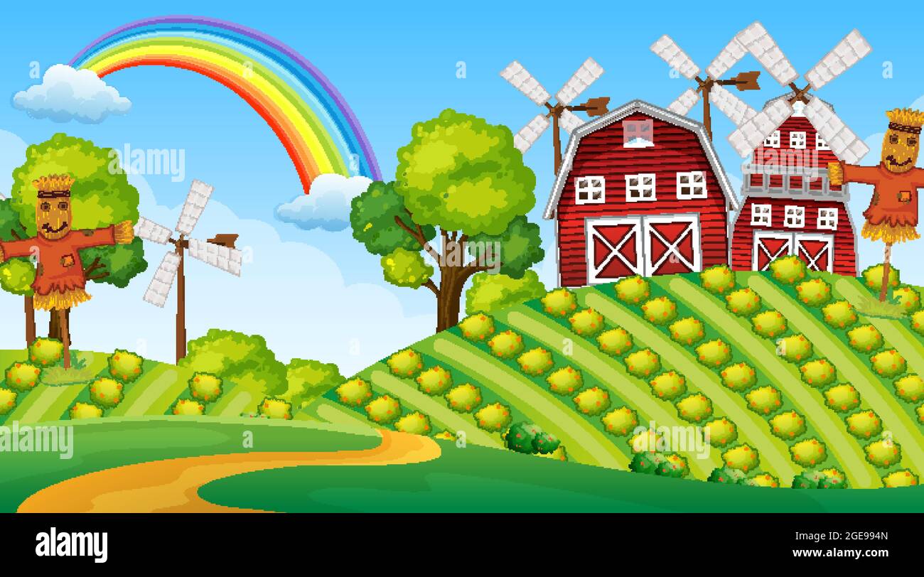 Farm landscape scene with barn and windmill illustration Stock Vector ...
