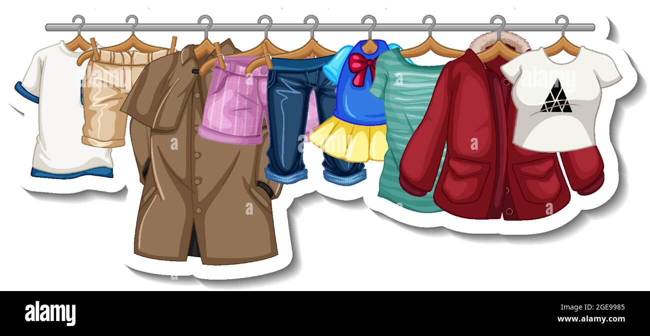 A sticker template of Clothes racks with many clothes on hangers on ...