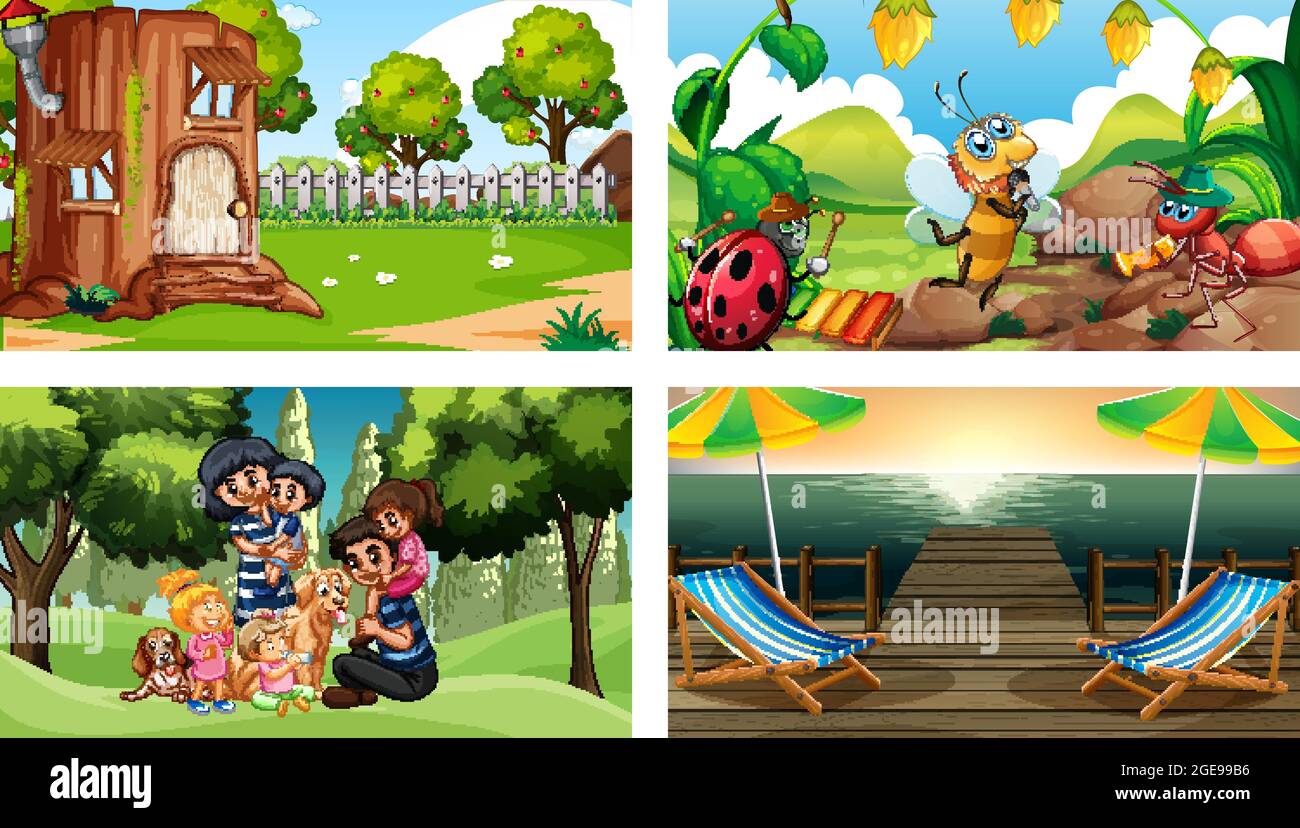 Four different scenes with children cartoon character illustration ...