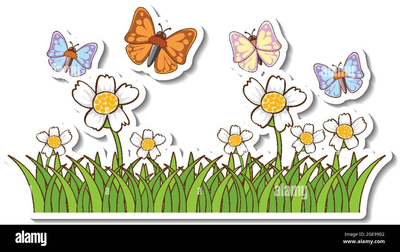 Many butterflies flying above grass field sticker illustration Stock ...