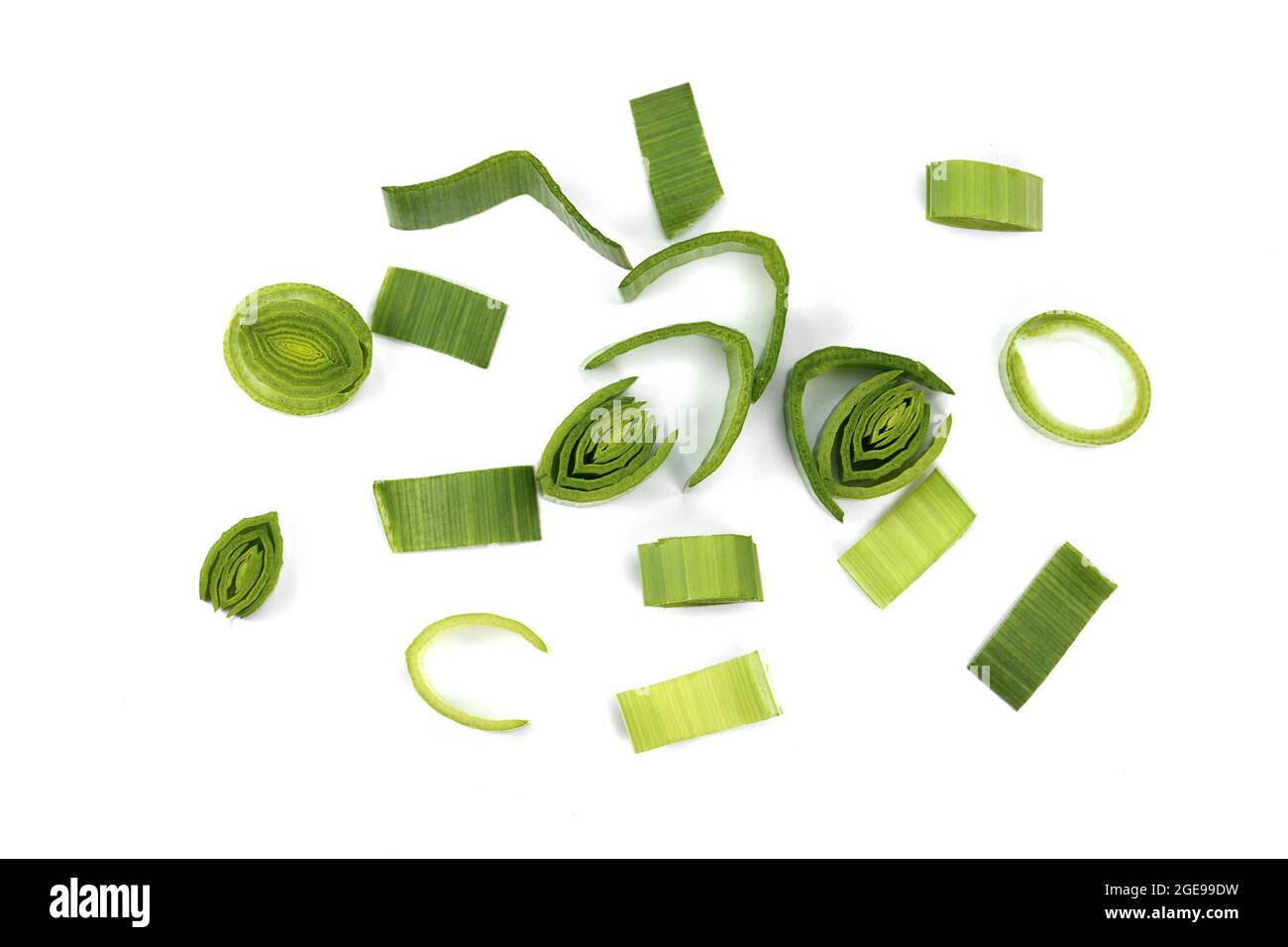 Natural fresh cutted leeks isolated on white background. Closeup of ...