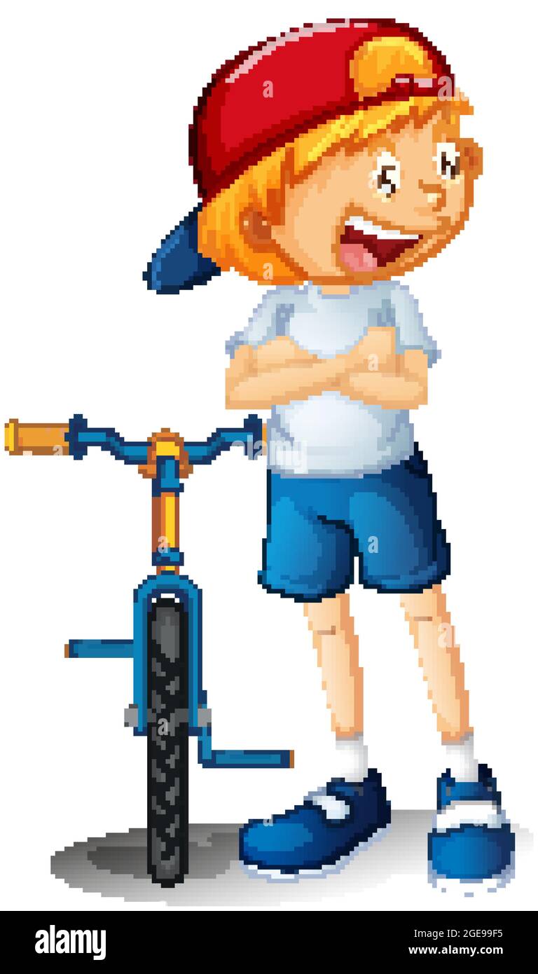 A boy with his bicycle cartoon character on white background ...