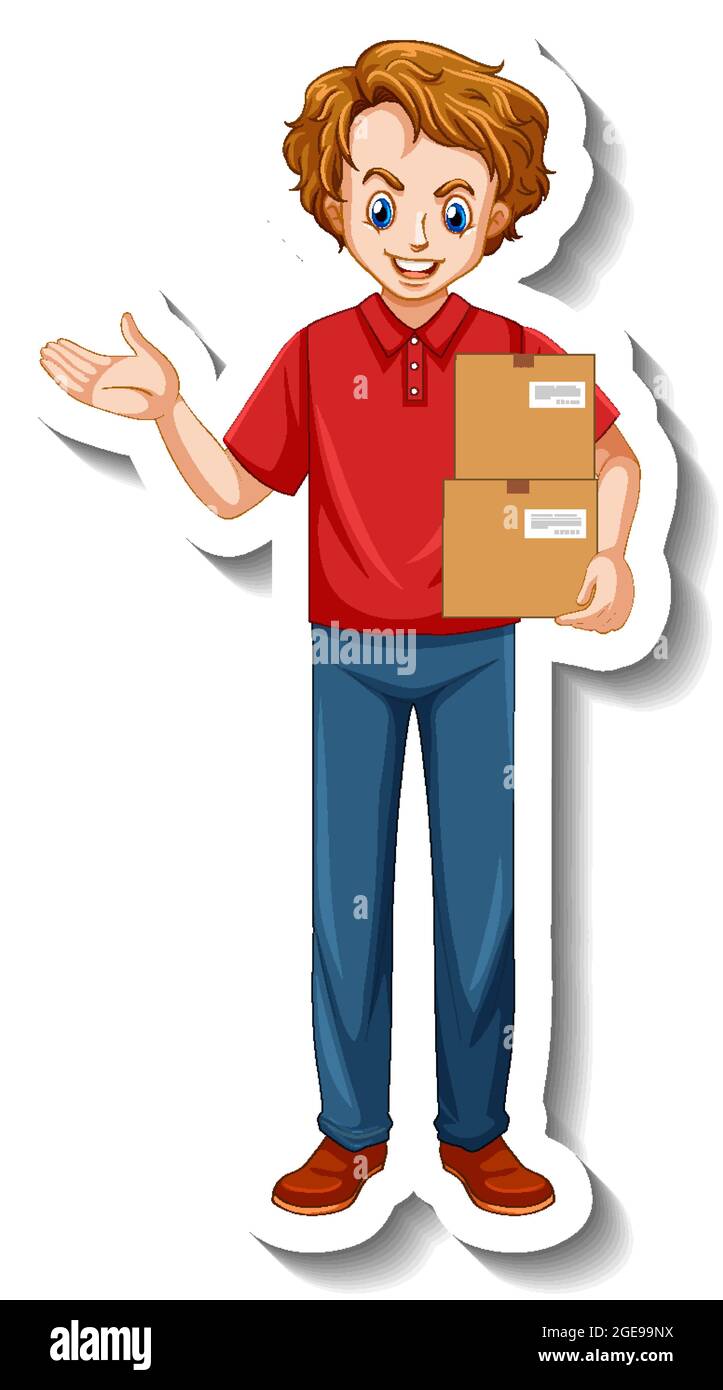 A sticker template with delivery man in uniform holding boxes ...
