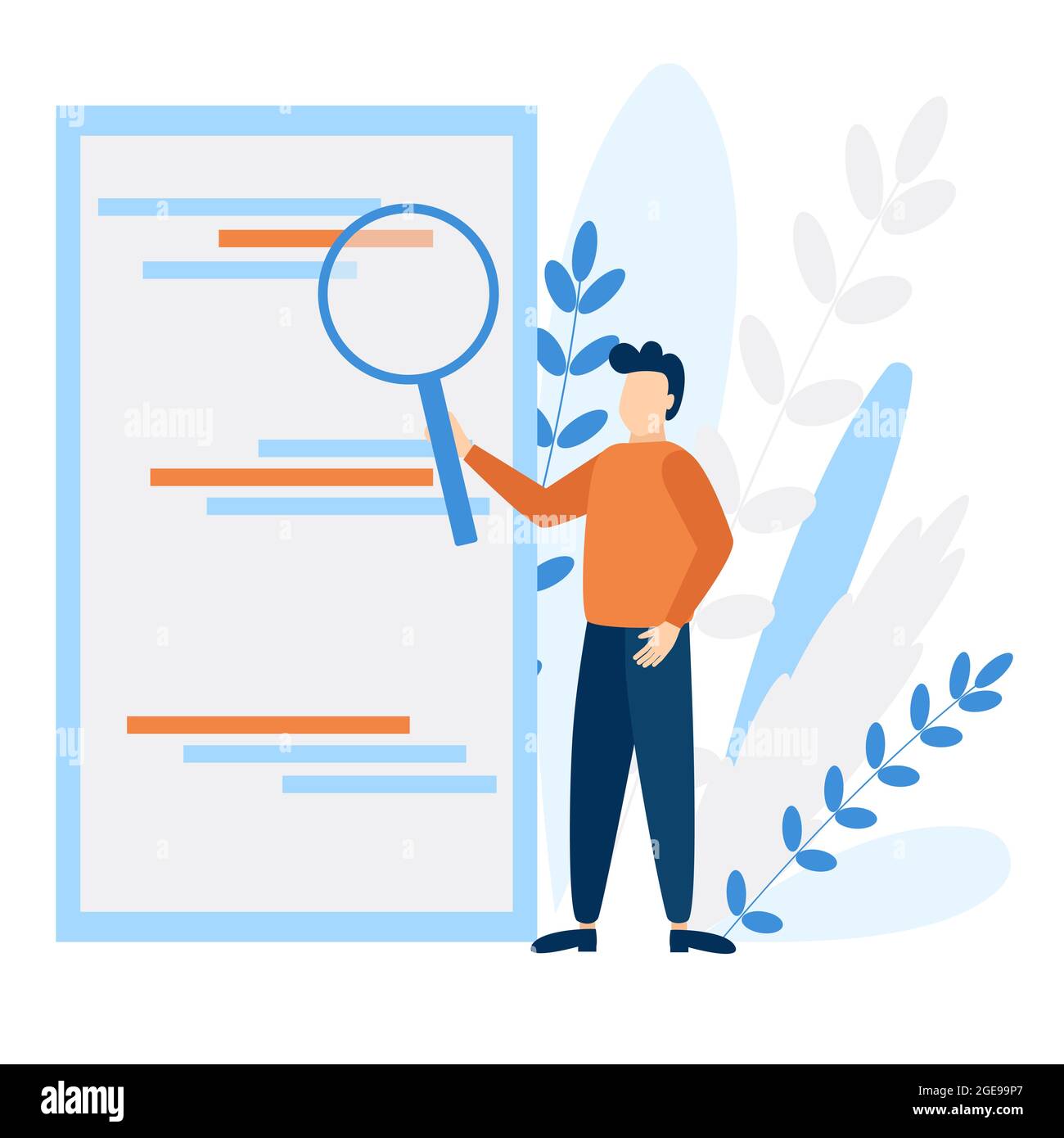Man holding a magnifying glass flat vector. Concept of information ...