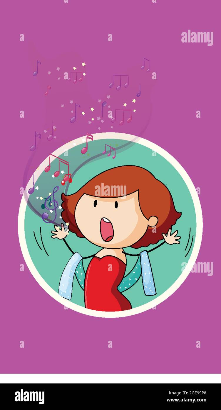 Doodle cartoon character of a singer woman singing with musical melody ...