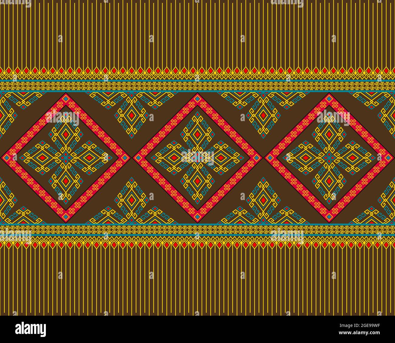Yellow Green Native or Tribe Seamless Pattern on Brown Background in ...