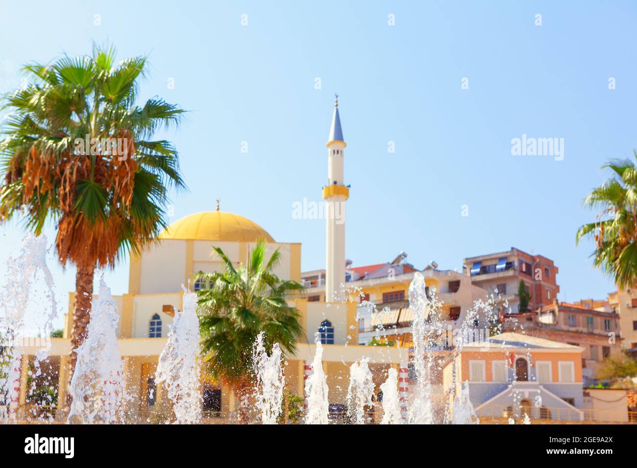 Fatih Mosque in Dures Albania . Famous Shatervani fountain at Sheshi ...